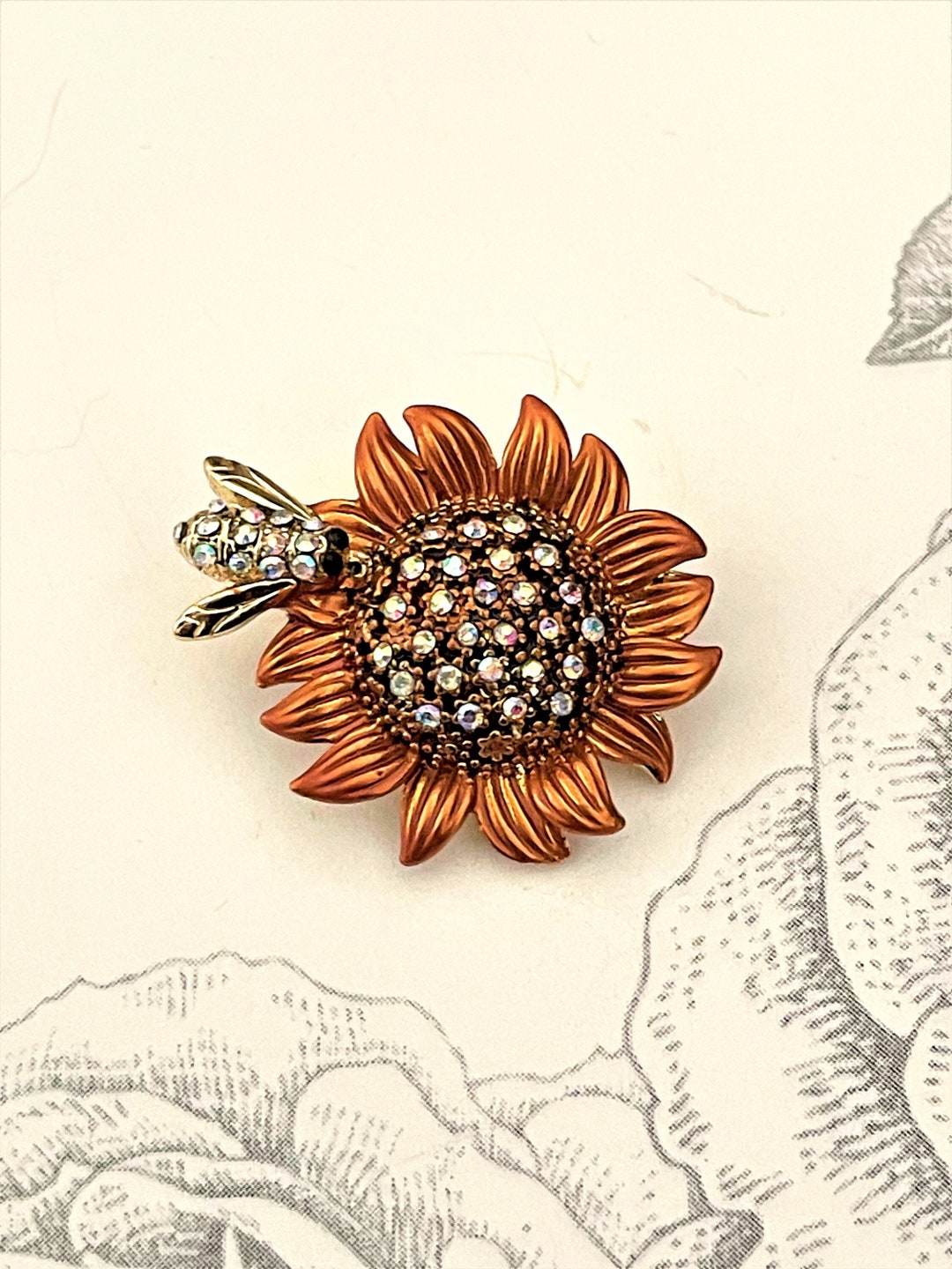 Orange Gold Sunflower Enamel Rhinestone With Bee Brooch Pin in Gold ...