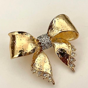 Huge Ribbon Gold Tone Rhinstone Brooch Pin Jewelry BX70 - Etsy