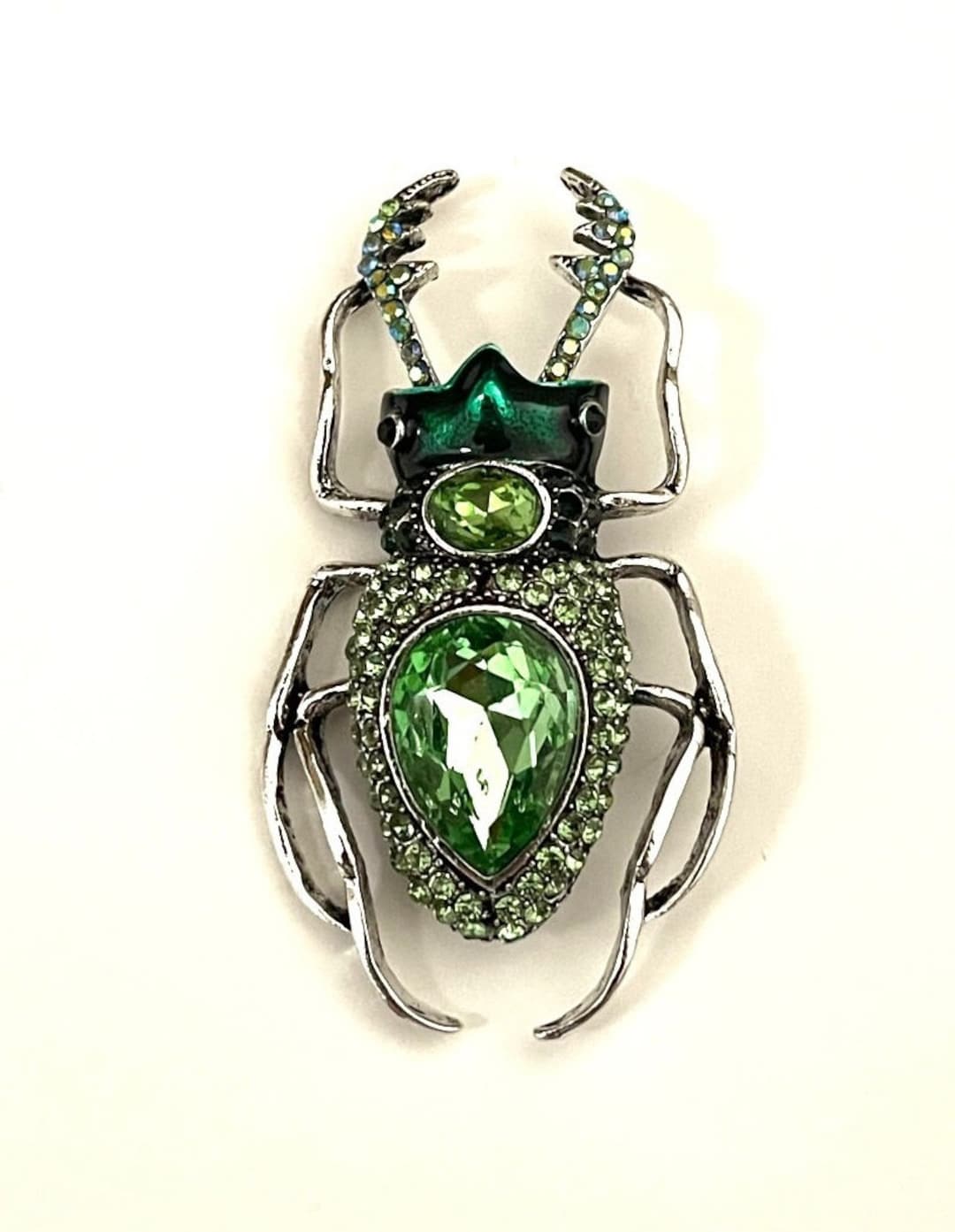 Unique Green Rhinestone Beetle Brooch Pin in Silver Tone BX56 - Etsy