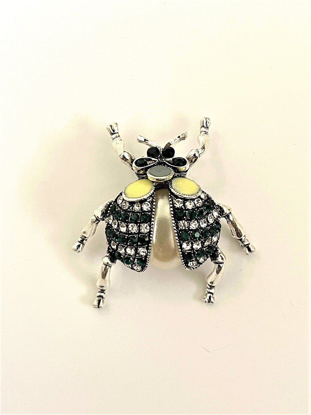 Vintage Black White Rhinestone Pearl Bug Brooch Pin in Silver Tone ...