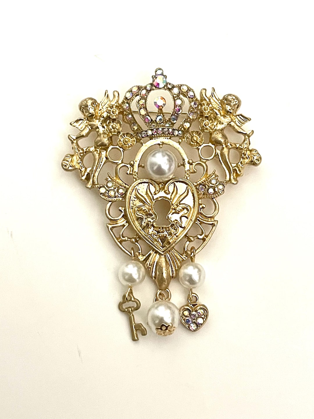 Victorian Angel Crown Key Gold Tone Metal With Dangling Brooch Pin ...