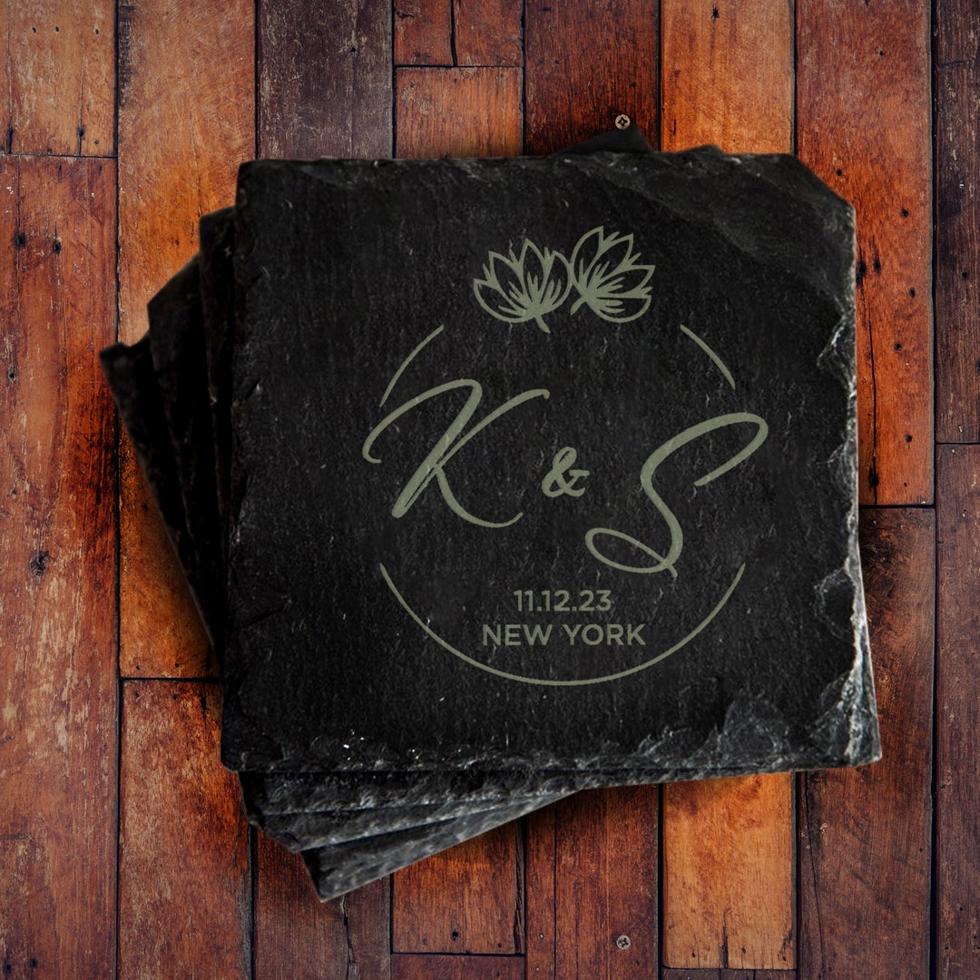 Set of 4 or 6 Square Slate Drink Coasters Engraved Custom Wedding Gift ...