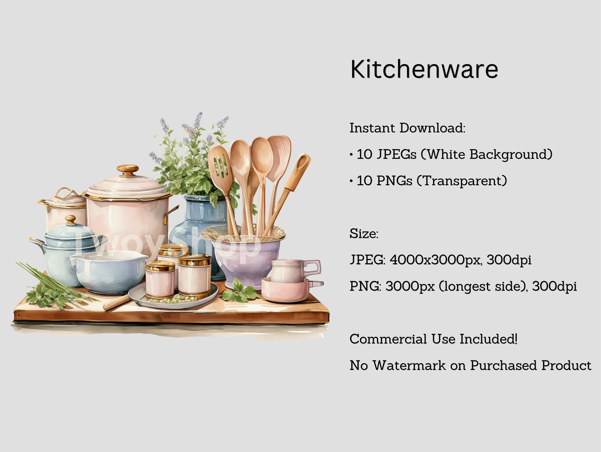 Watercolor Kitchenware Clipart: Pastel Kitchen PNG & JPEG (digital ...