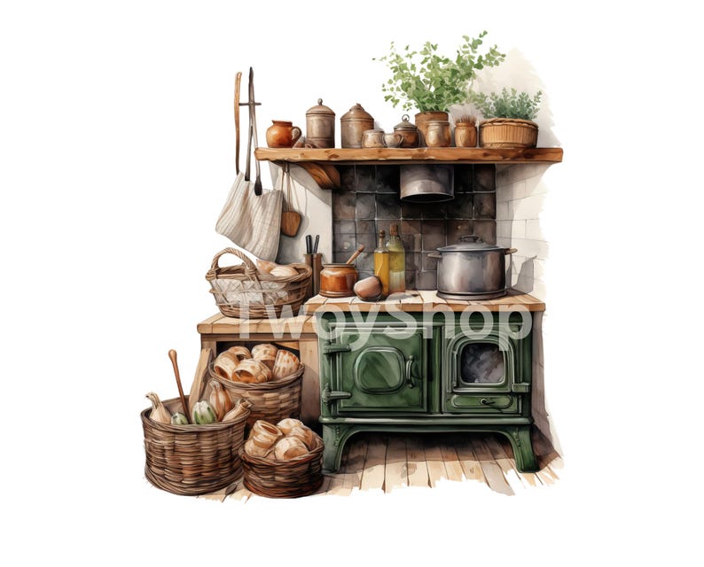 Watercolor Rustic Cozy Kitchen Clipart 10 High-quality Rustic ...