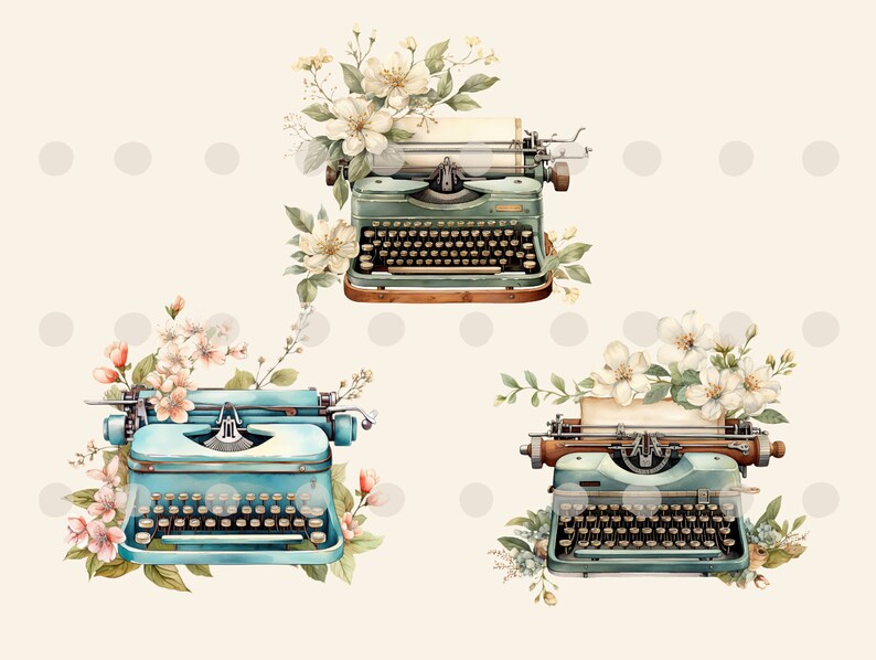 Watercolor Floral Typewriter Clipart 10 High Quality Jpegs - Etsy