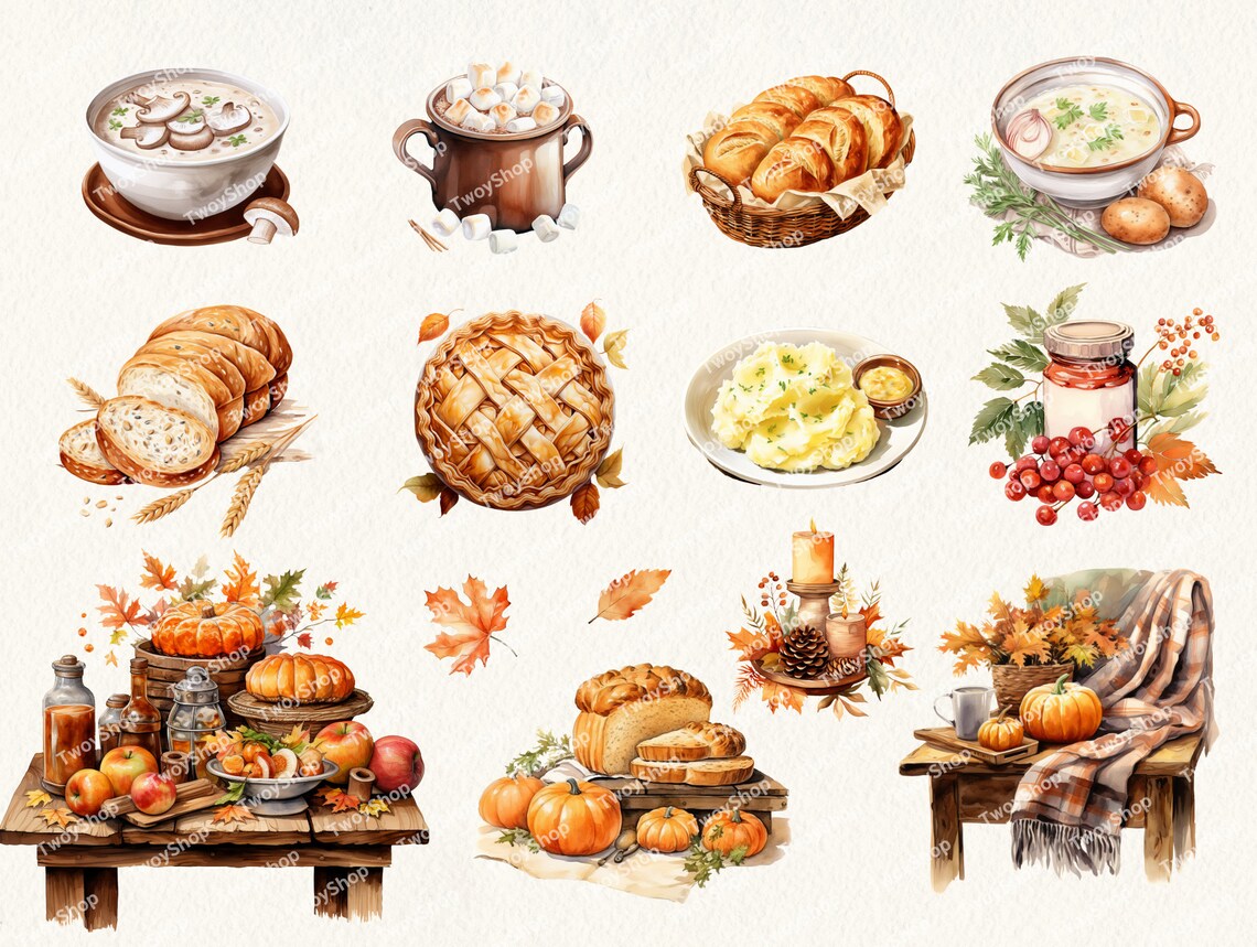 Watercolor Thanksgiving Clipart, Hello Fall PNG Files, Thanksgiving ...