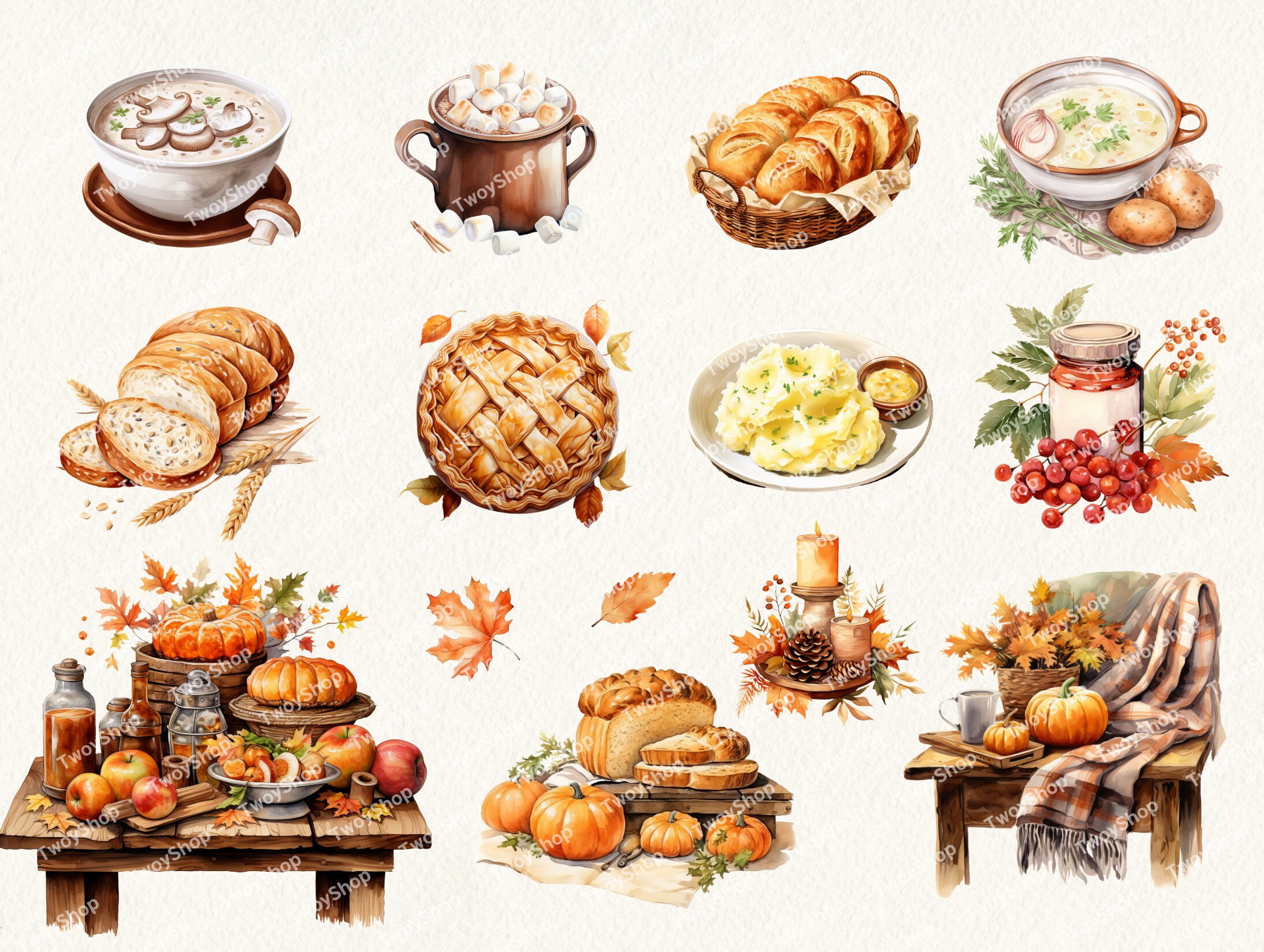 Watercolor Thanksgiving Clipart, Hello Fall PNG Files, Thanksgiving ...