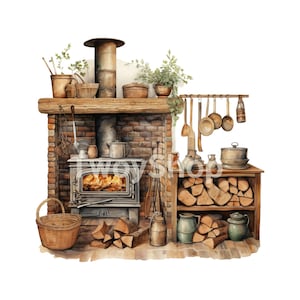 Watercolor Rustic Cozy Kitchen Clipart - 10 High-quality Rustic ...