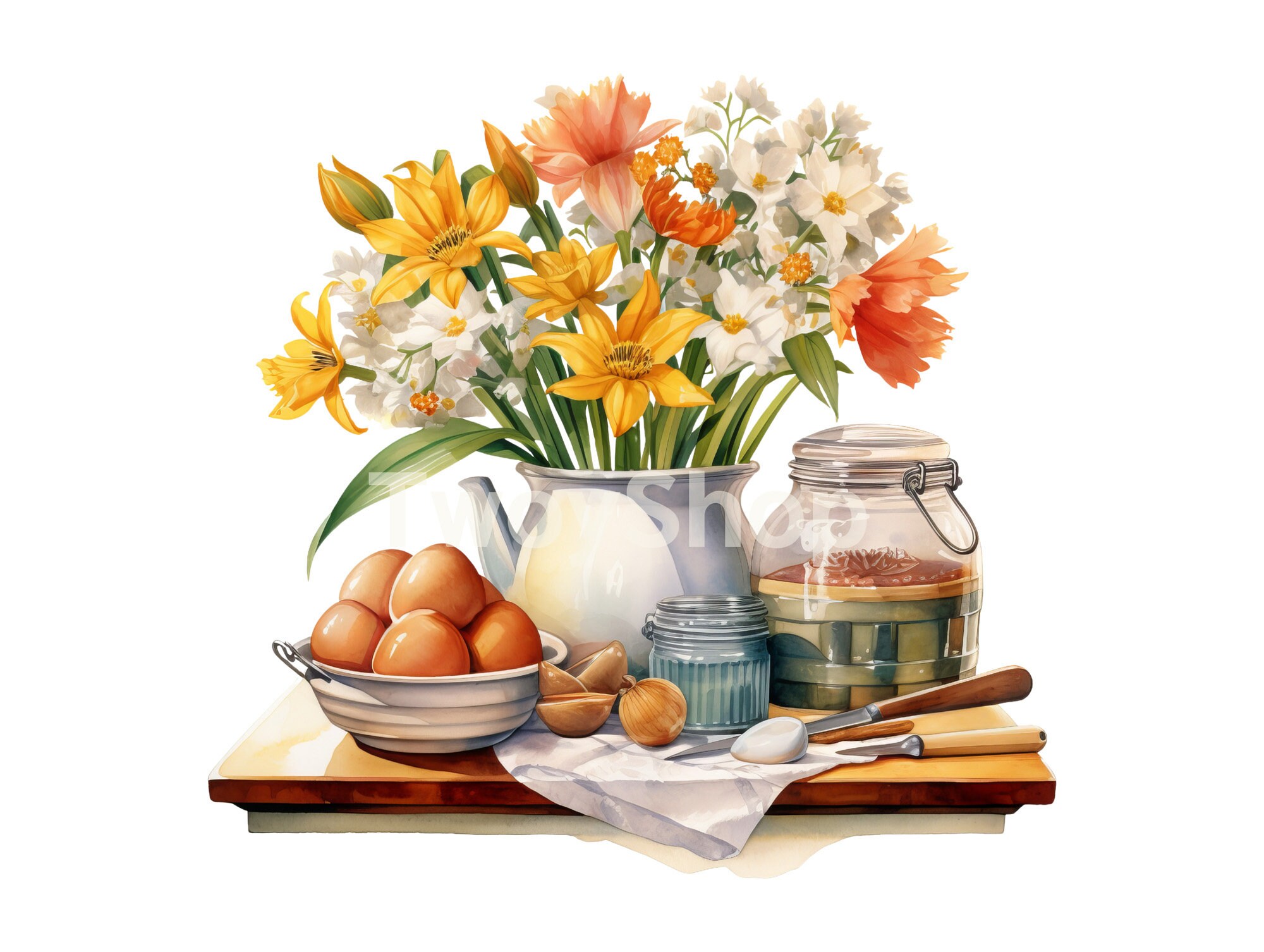 Kitchen Still Life Watercolor Clipart, 10 High-quality PNG and JPG ...