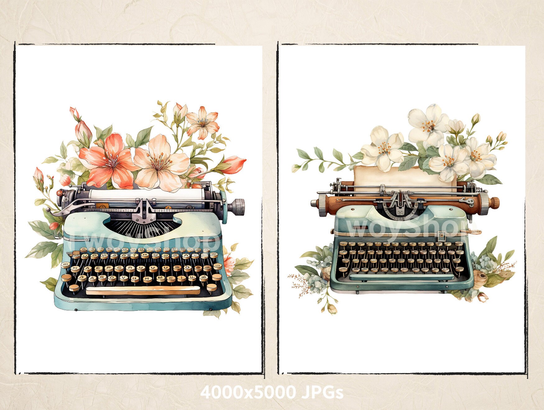 Watercolor Floral Typewriter Clipart, 10 High Quality Jpegs and Pngs ...