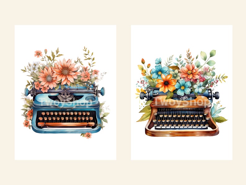 Watercolor Floral Typewriter Clipart 10 High Quality Jpegs - Etsy