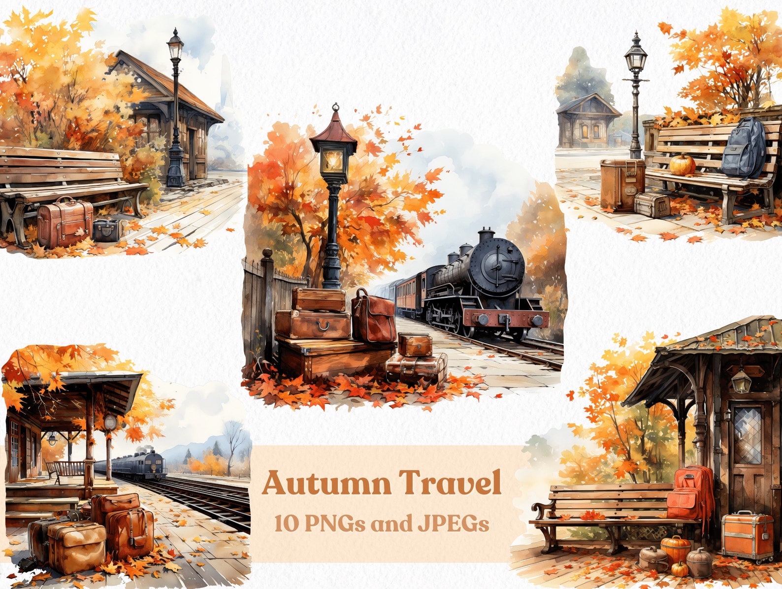 Watercolor Autumn Travel Clipart - Fall Train Trip 10 High Quality PNG ...