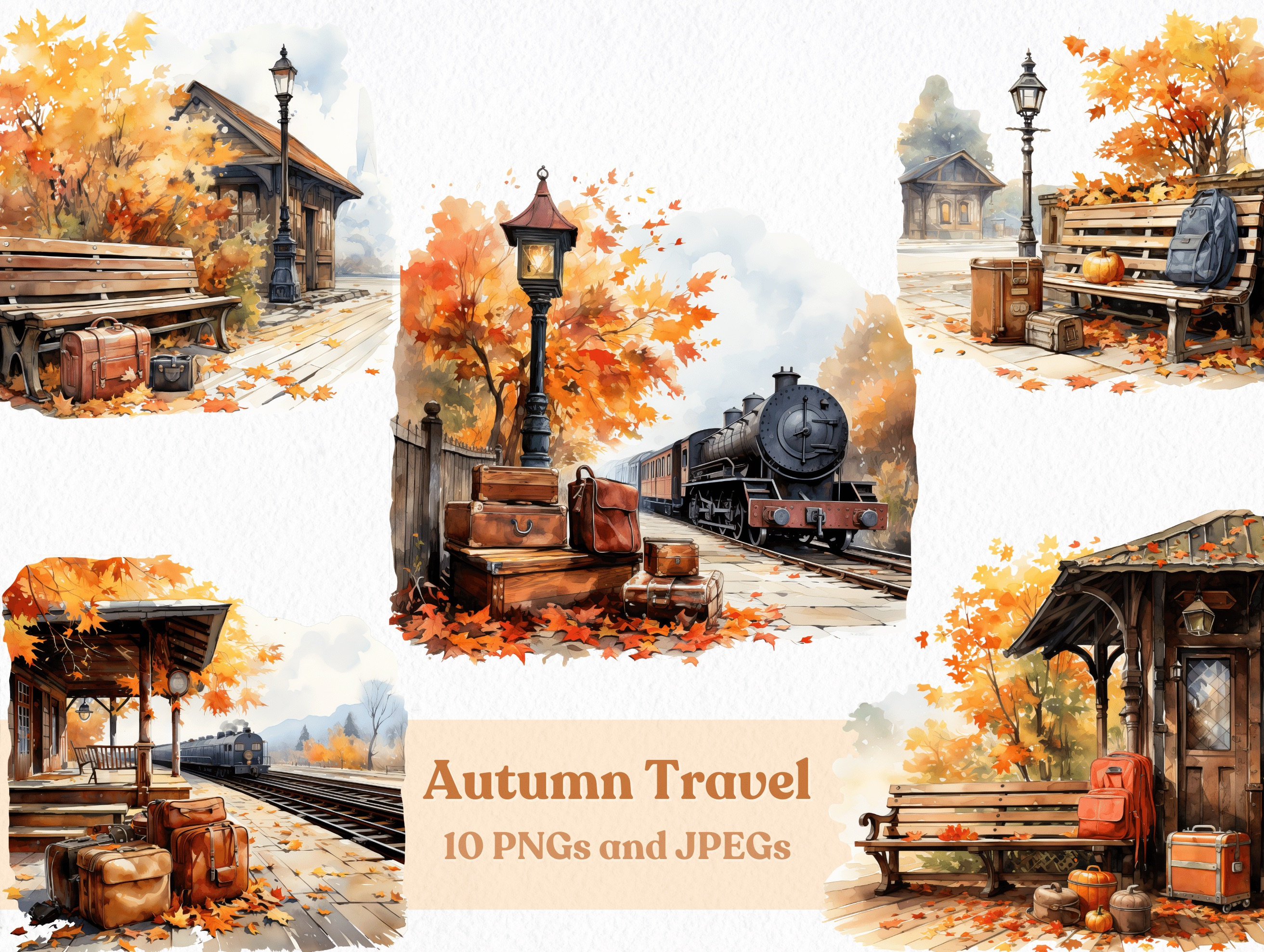 Watercolor Autumn Travel Clipart - Fall Train Trip 10 High Quality PNG ...