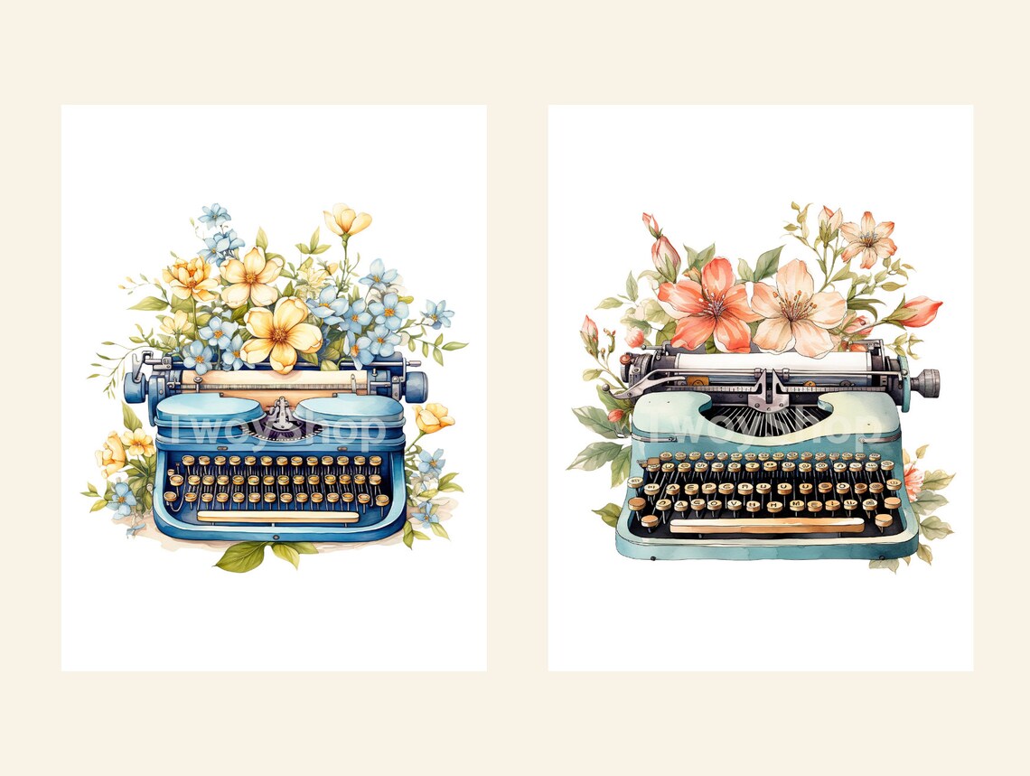 Watercolor Floral Typewriter Clipart 10 High Quality Jpegs - Etsy