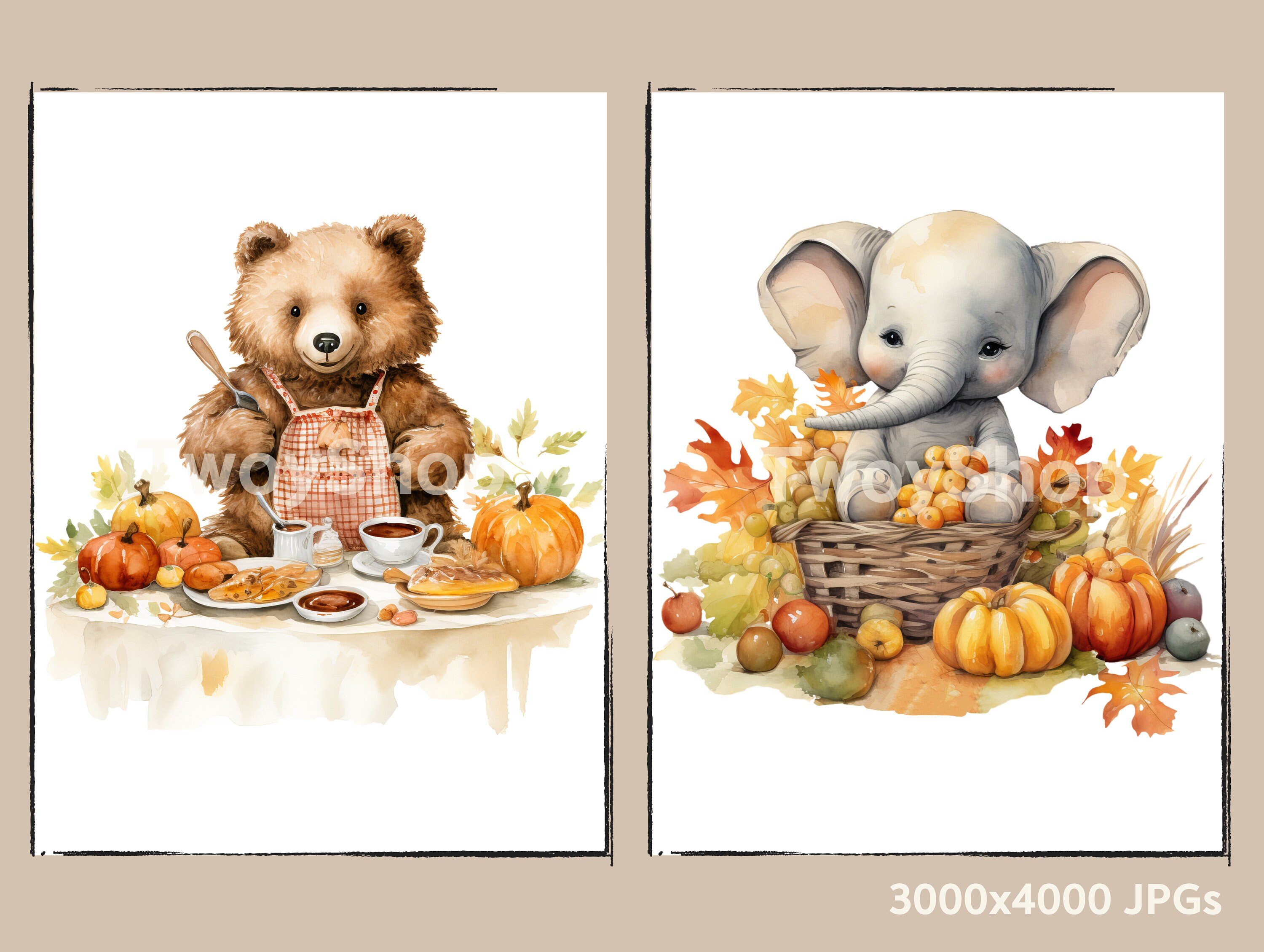 Watercolor Animals' Fall Kitchen Clipart, 12 High Quality PNG Files and ...