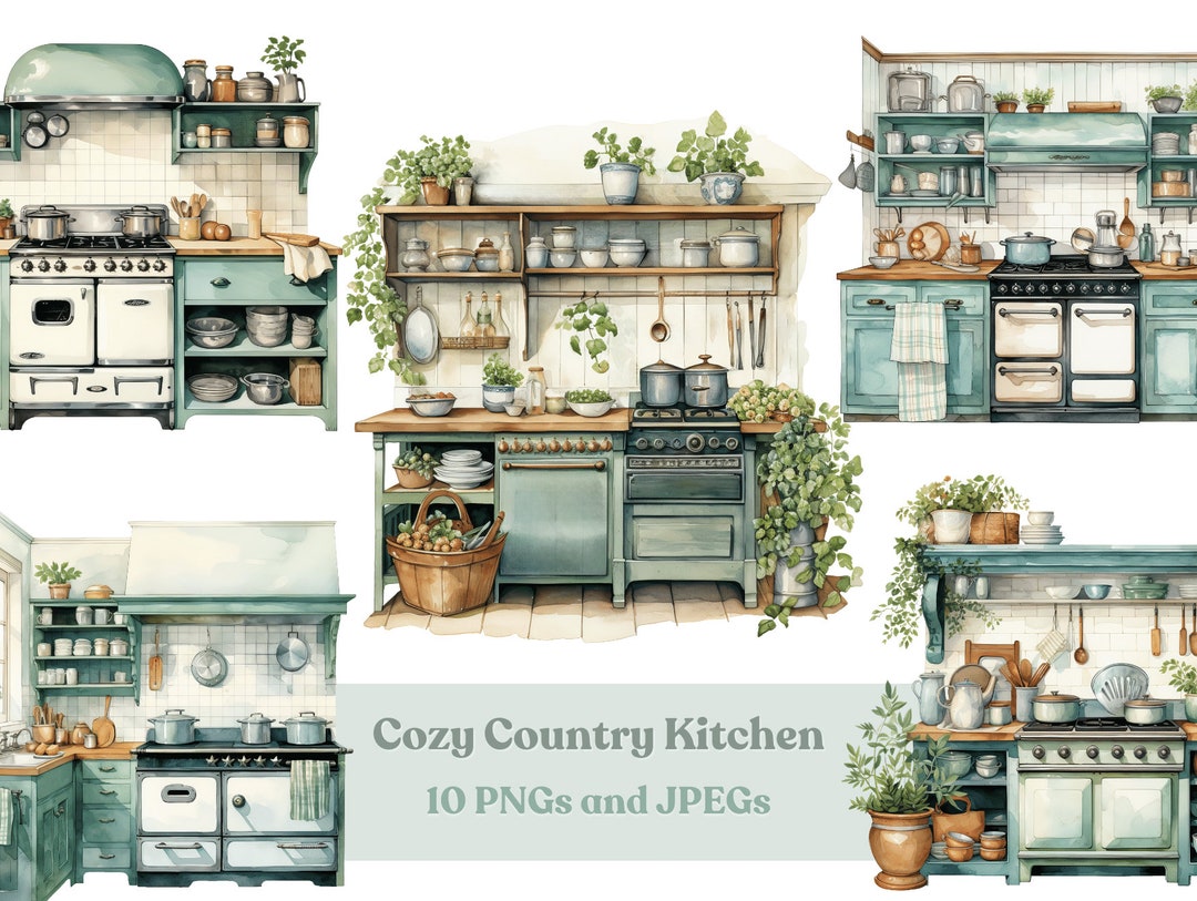 Cozy Country Kitchen Clipart, Watercolor 10 High Quality PNG Files and ...