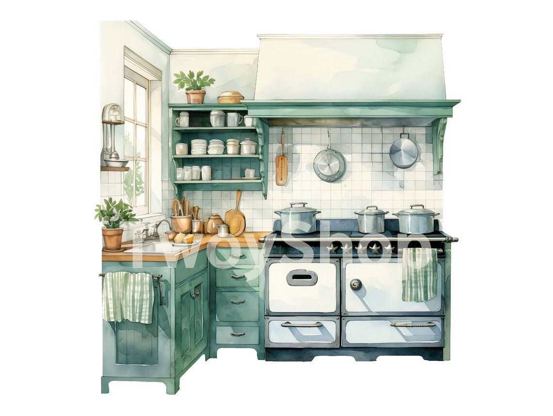 Cozy Country Kitchen Clipart, Watercolor 10 High Quality PNG Files and ...