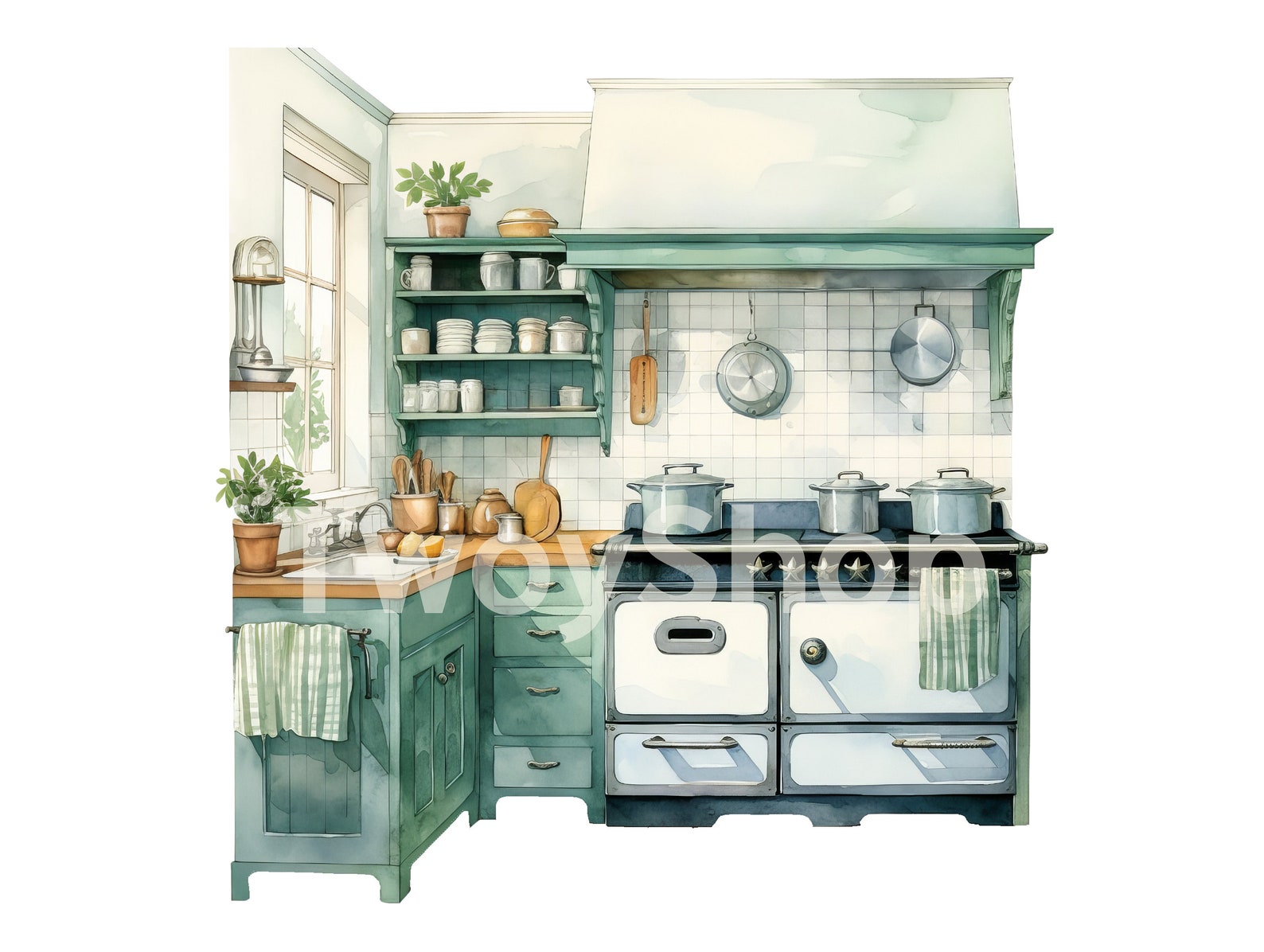 Cozy Country Kitchen Clipart, Watercolor 10 High Quality PNG Files and ...