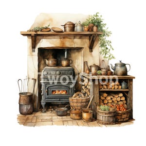 Watercolor Rustic Cozy Kitchen Clipart - 10 High-quality Rustic ...
