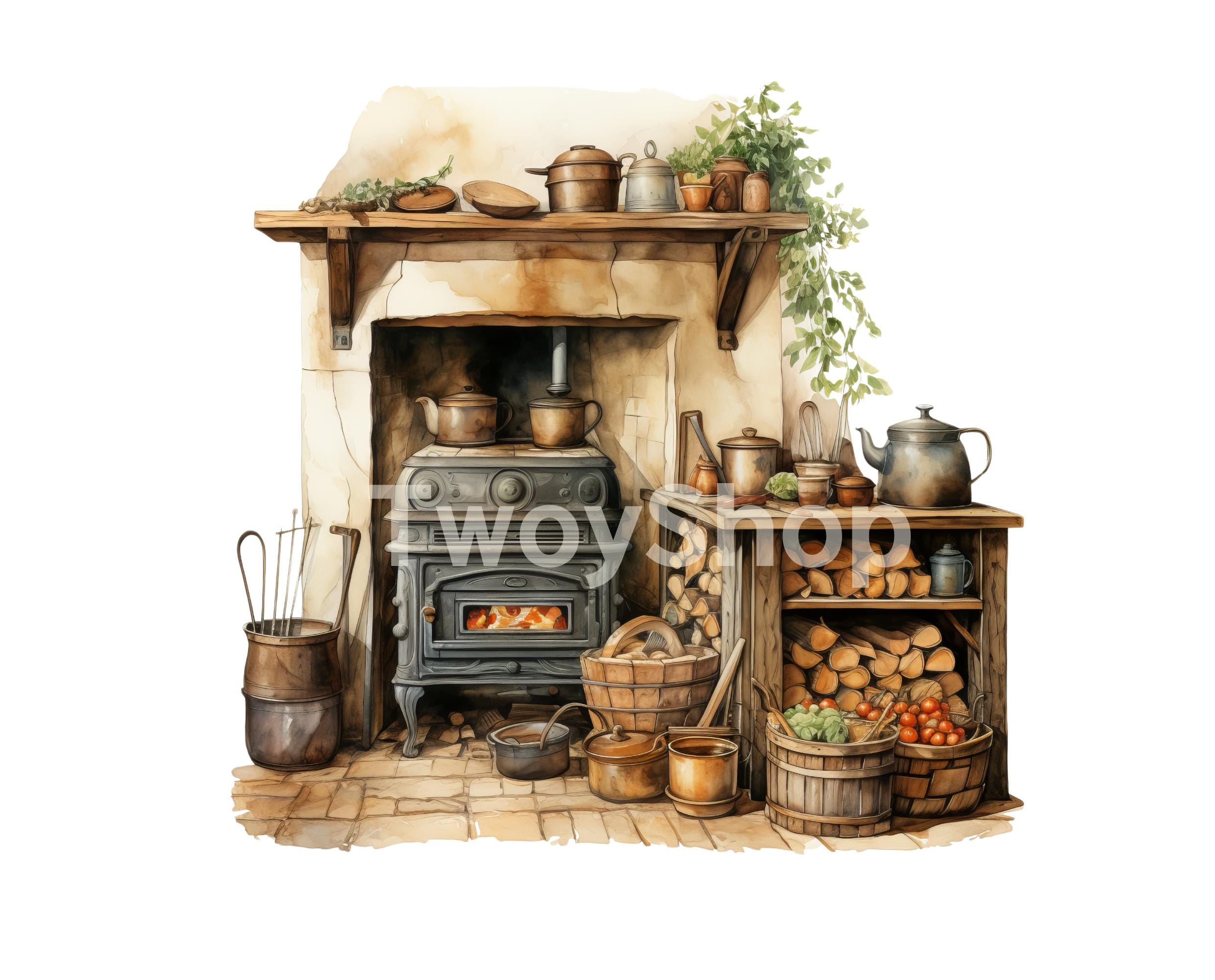 Watercolor Rustic Cozy Kitchen Clipart 10 High-quality Rustic ...