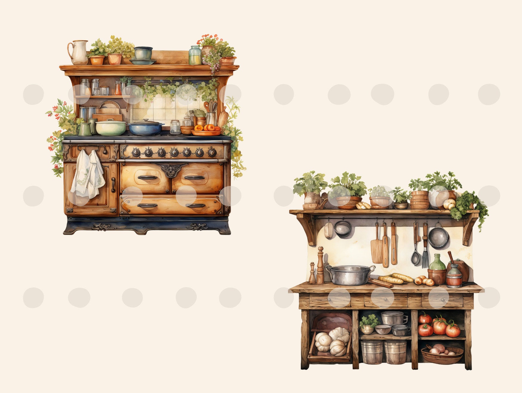 Watercolor Rustic Kitchen Clipart, 10 Elements High Quality Jpegs and ...