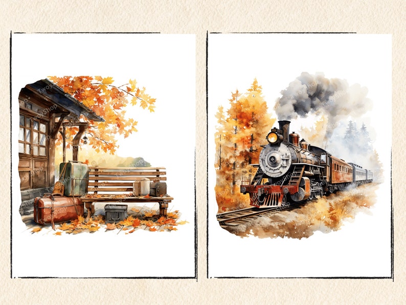 Watercolor Autumn Travel Clipart Fall Train Trip 10 High Quality PNG ...