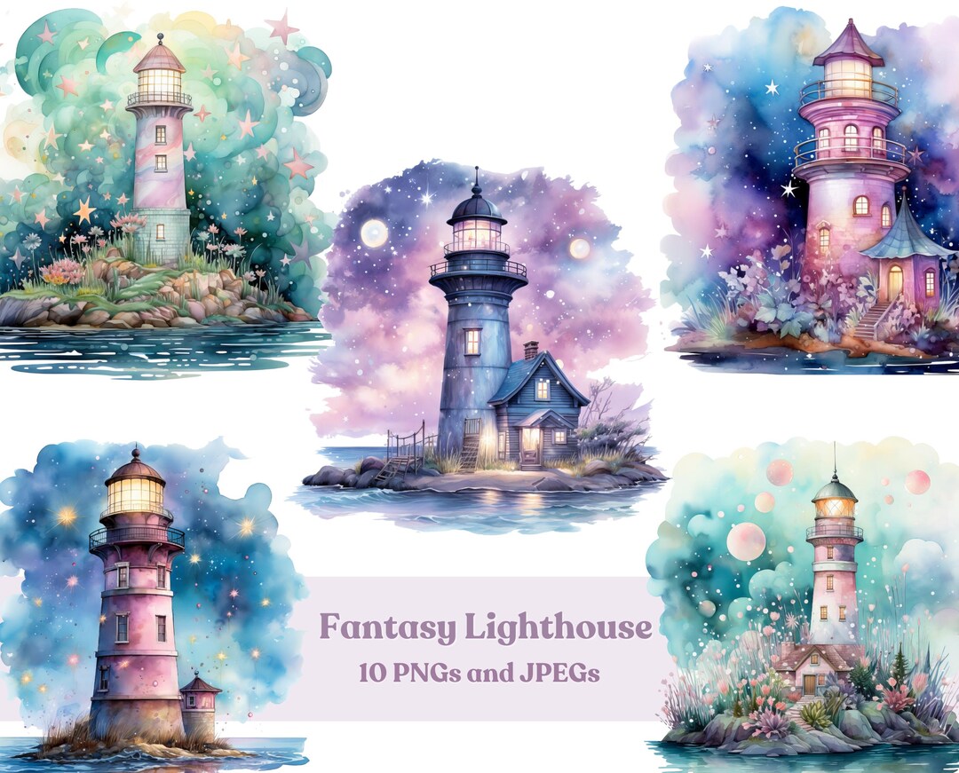 Watercolor Fantasy Lighthouse Clipart - 10 High Quality PNG Files and ...