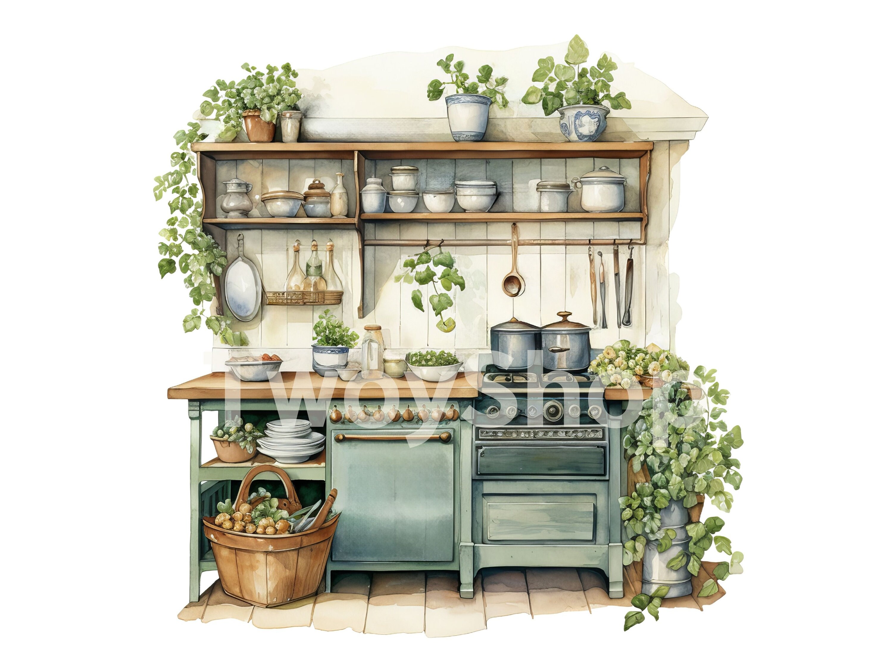 Cozy Country Kitchen Clipart - Watercolor 10 High Quality PNG Files and ...