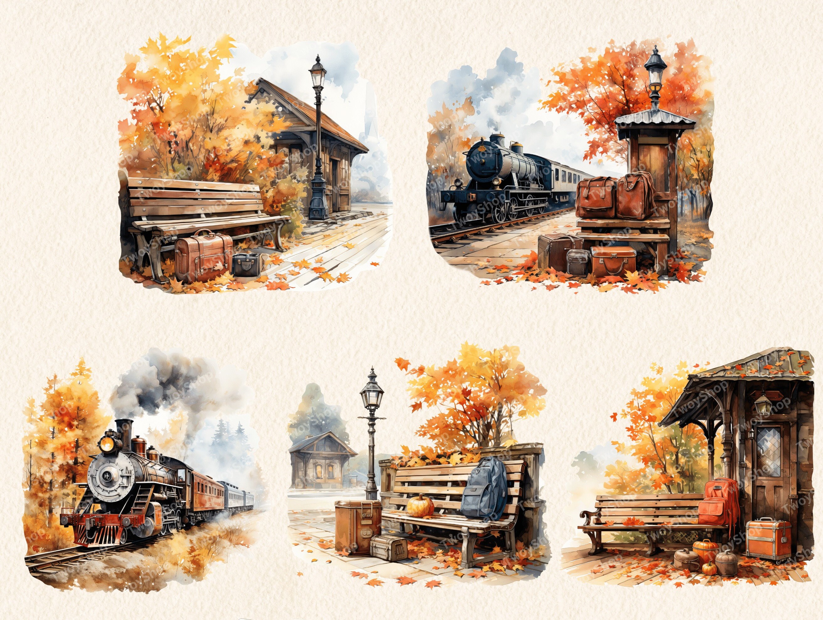 Watercolor Autumn Travel Clipart Fall Train Trip 10 High Quality PNG ...