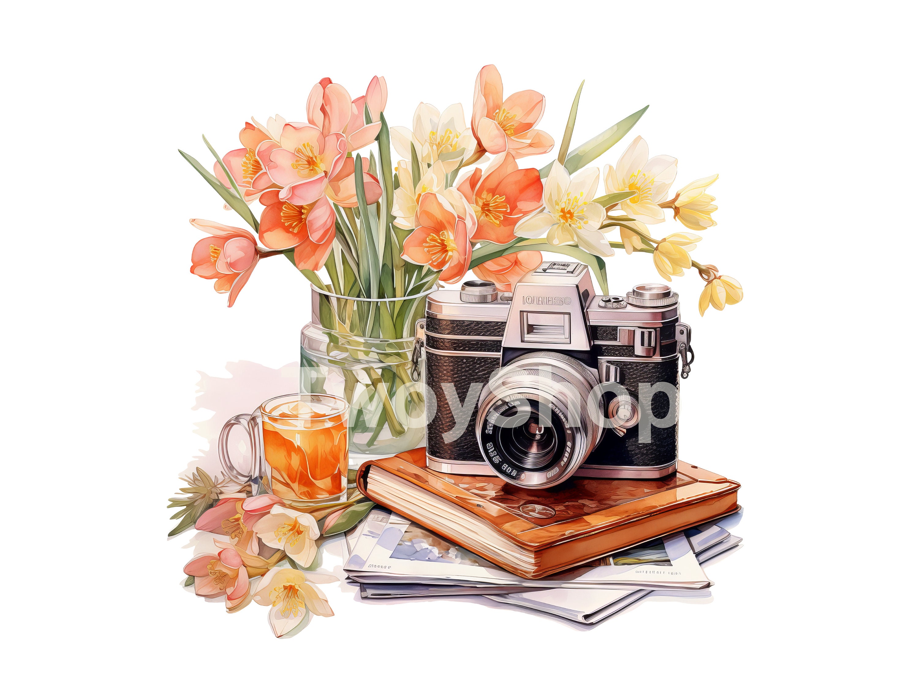 Watercolor Spring Camera Clipart, Hello Spring Floral Vintage Camera 10 ...