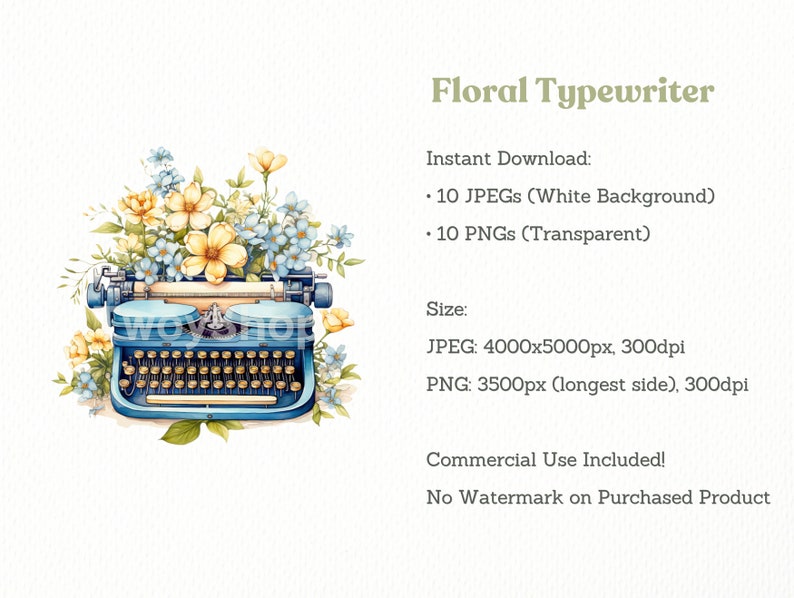 Watercolor Floral Typewriter Clipart 10 High Quality Jpegs - Etsy