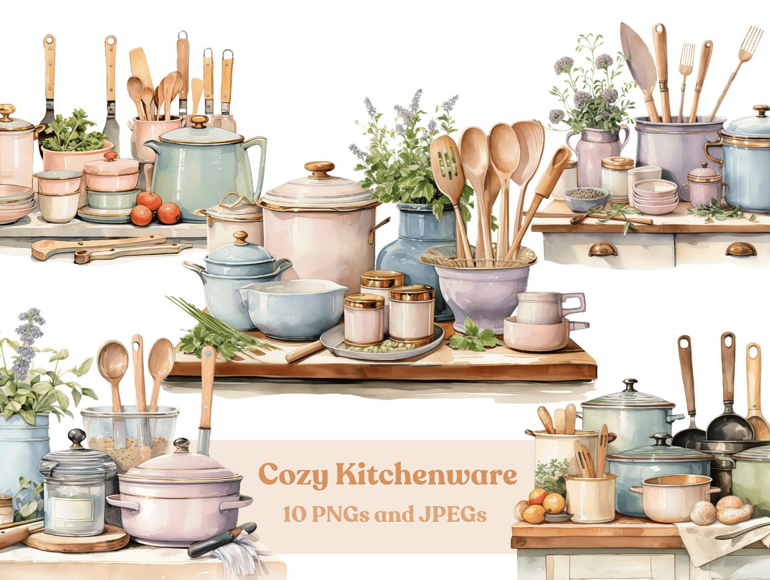 Watercolor Kitchenware Clipart: Pastel Kitchen PNG & JPEG (digital ...