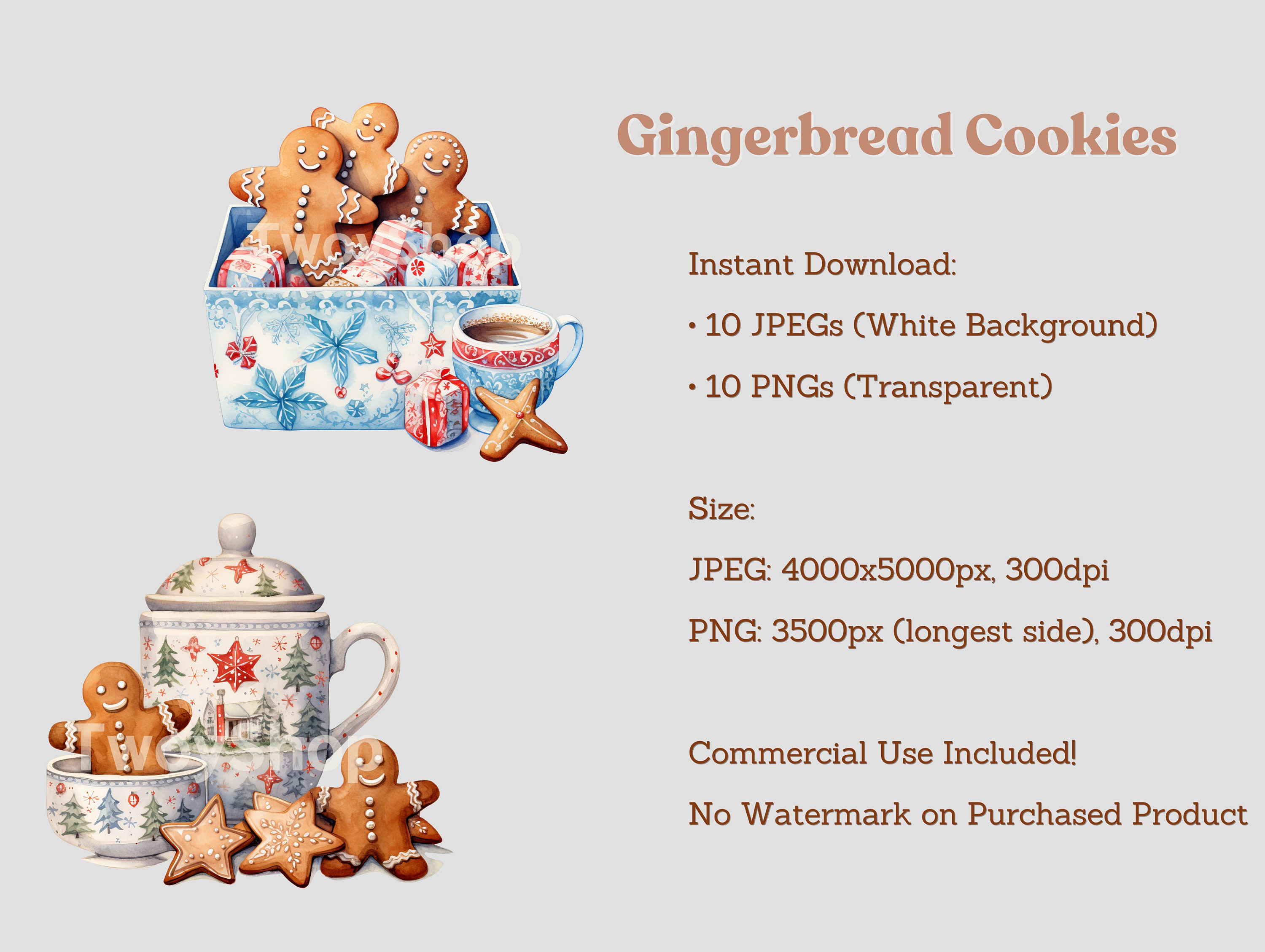 Watercolor Gingerbread Cookies Clipart, 10 Jpegs and PNG Files ...