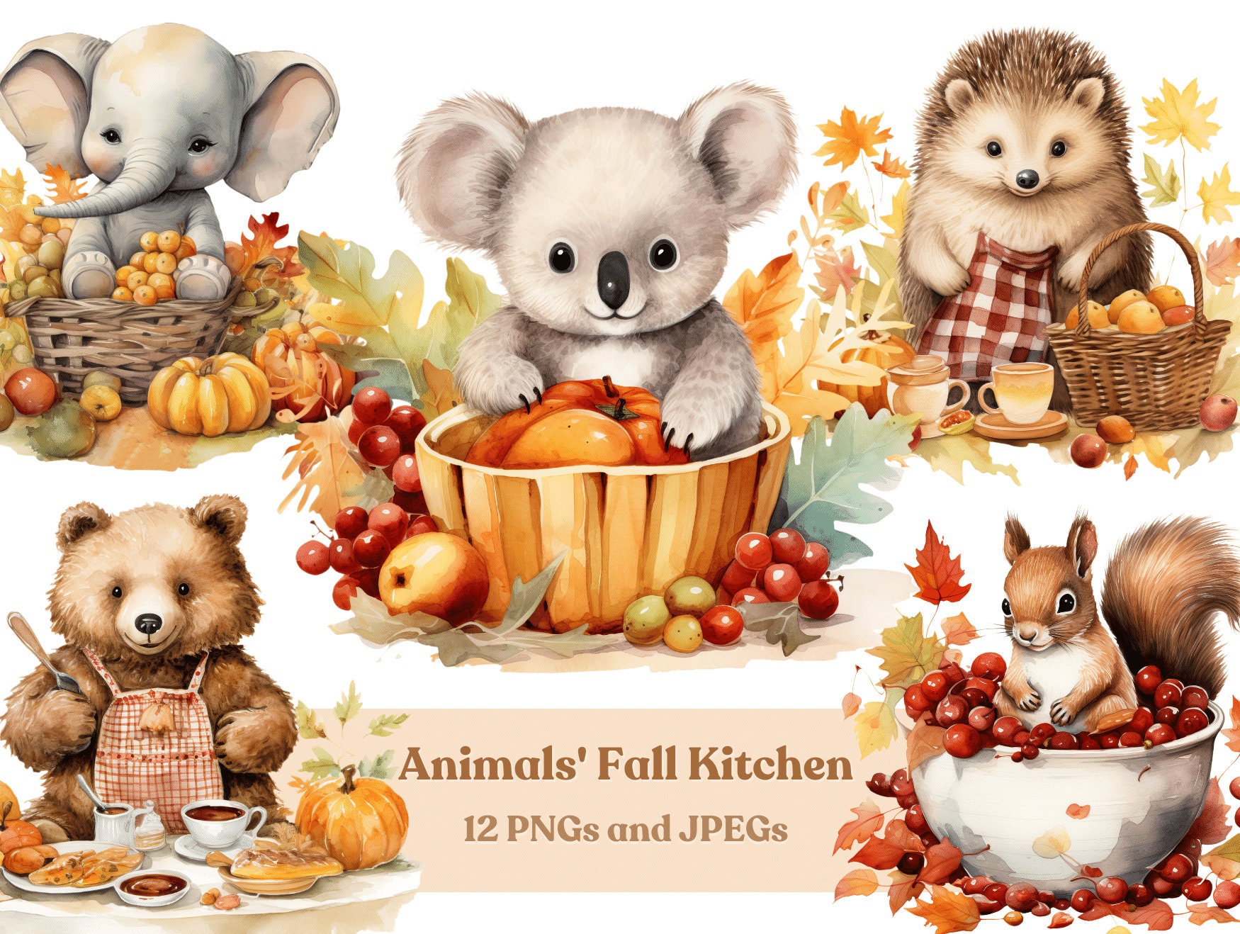 Watercolor Animals' Fall Kitchen Clipart Cute Animals, 12 High Quality ...