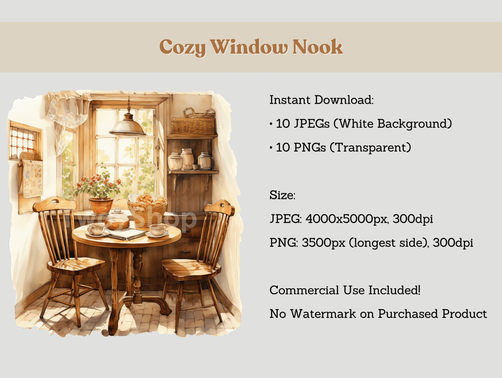 Watercolor Cozy Window Nook Clipart: 10 PNG & JPEG Files (digital ...