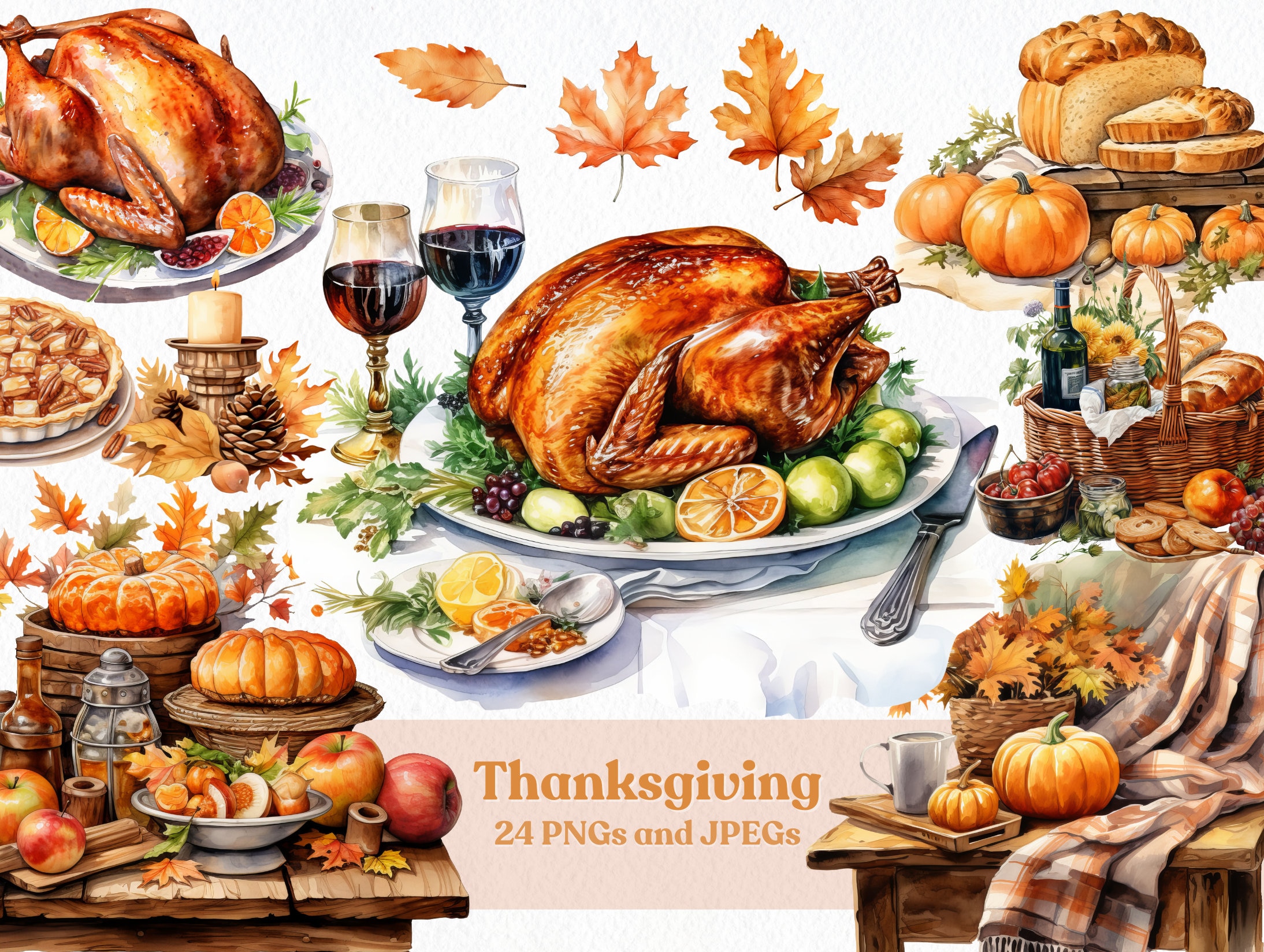Watercolor Thanksgiving Clipart, Hello Fall PNG Files, Thanksgiving ...