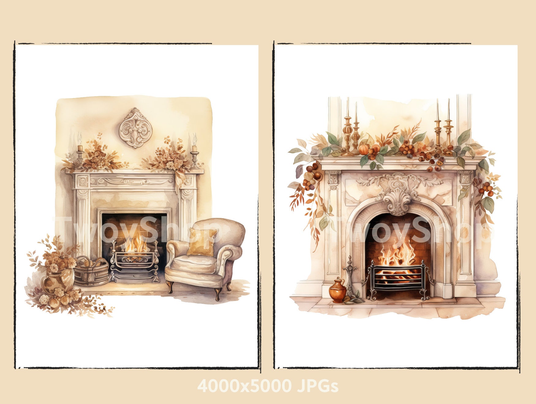Watercolor Cozy Fireplace Clipart, 10 High Quality Jpegs and Pngs ...