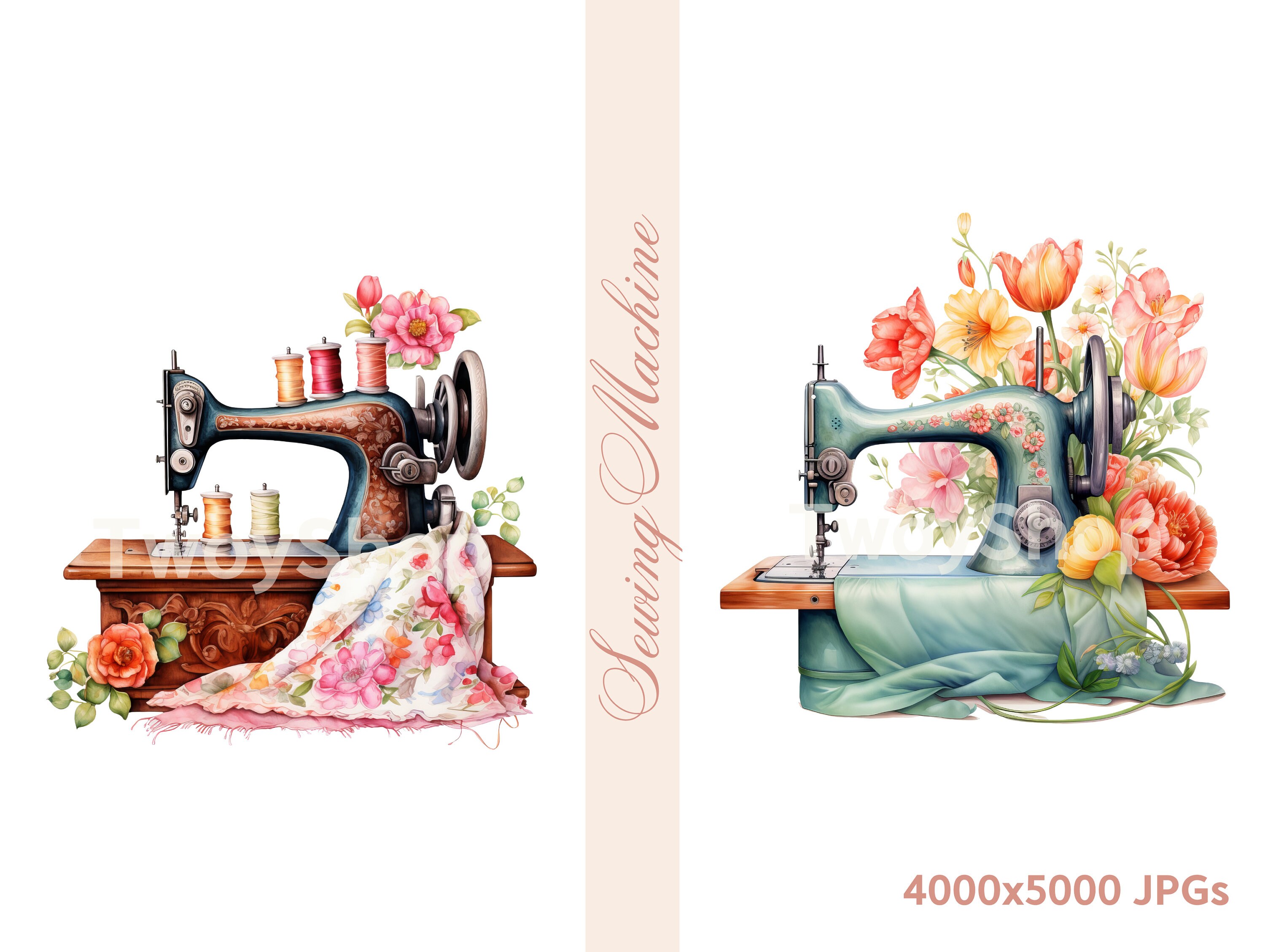 Watercolor Floral Sewing Machine, Vintage Sewing 10 Jpegs and PNG Files ...