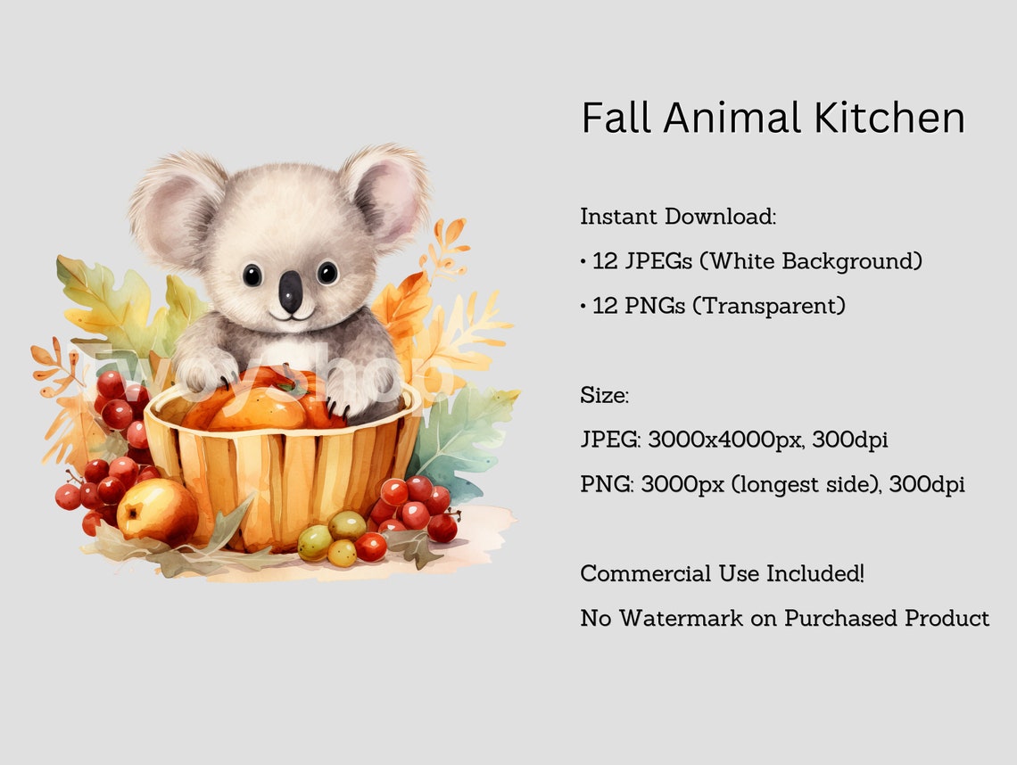Watercolor Animals' Fall Kitchen Clipart, 12 High Quality PNG Files and ...