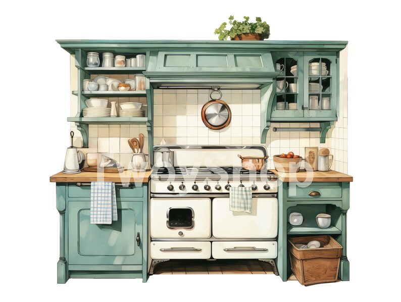 Cozy Country Kitchen Clipart, Watercolor 10 High Quality PNG Files and ...