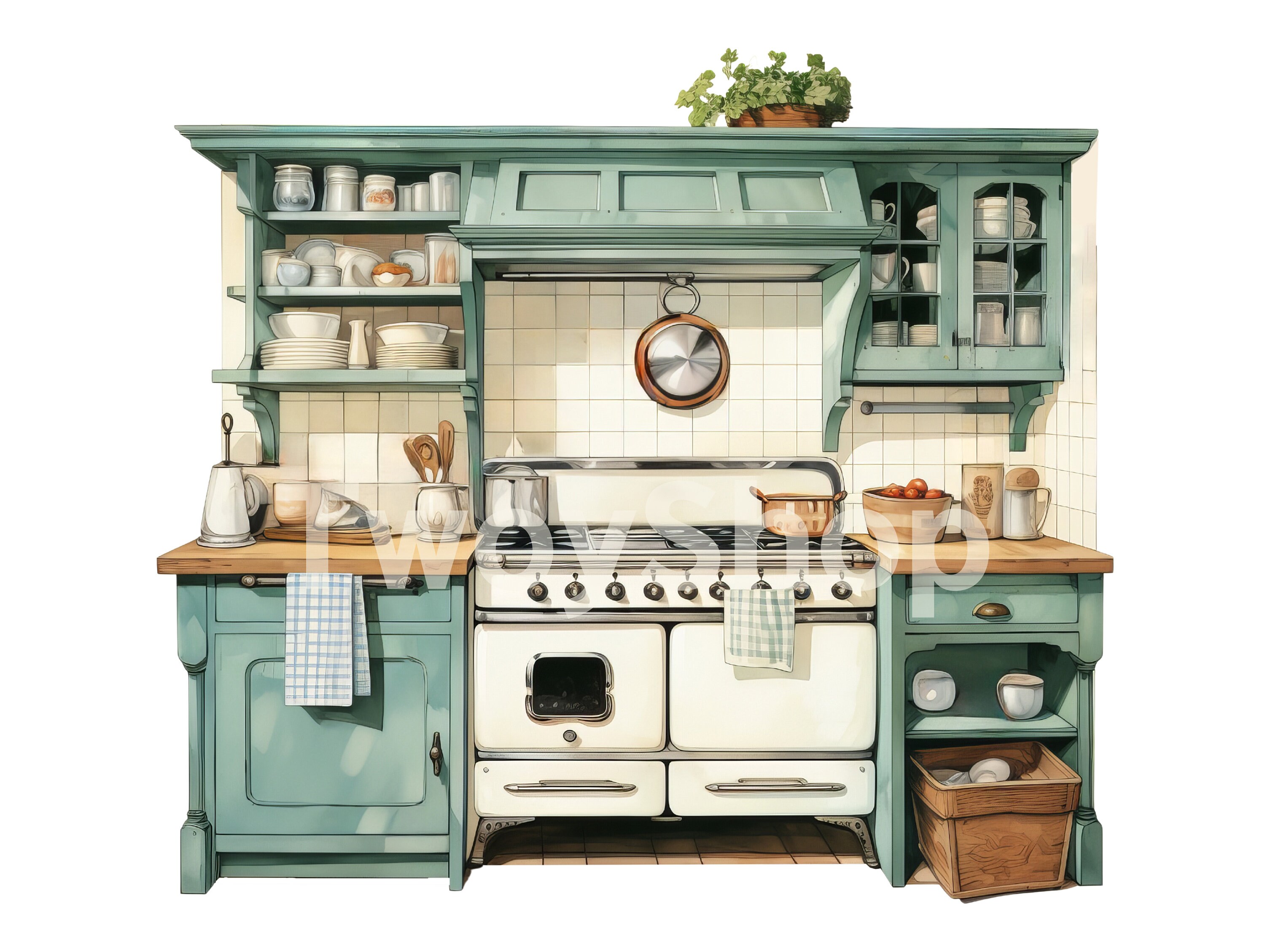 Cozy Country Kitchen Clipart, Watercolor 10 High Quality PNG Files and ...