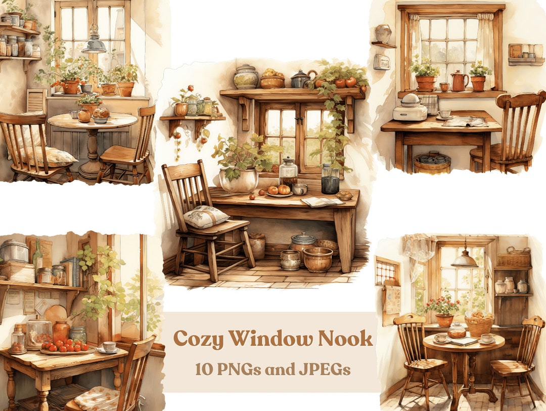 Watercolor Cozy Window Nook Clipart: 10 PNG & JPEG Files (digital ...