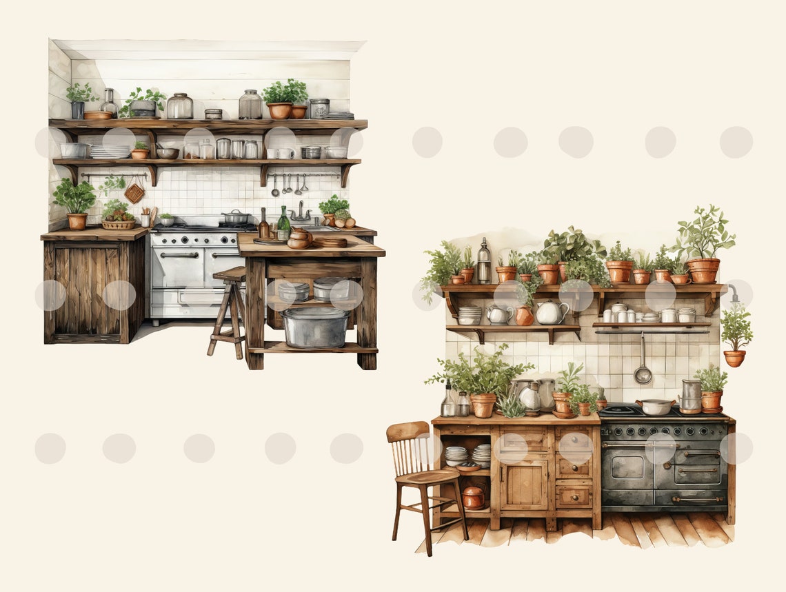 Watercolor Rustic Kitchen Clipart, 10 Elements High Quality Jpegs and ...