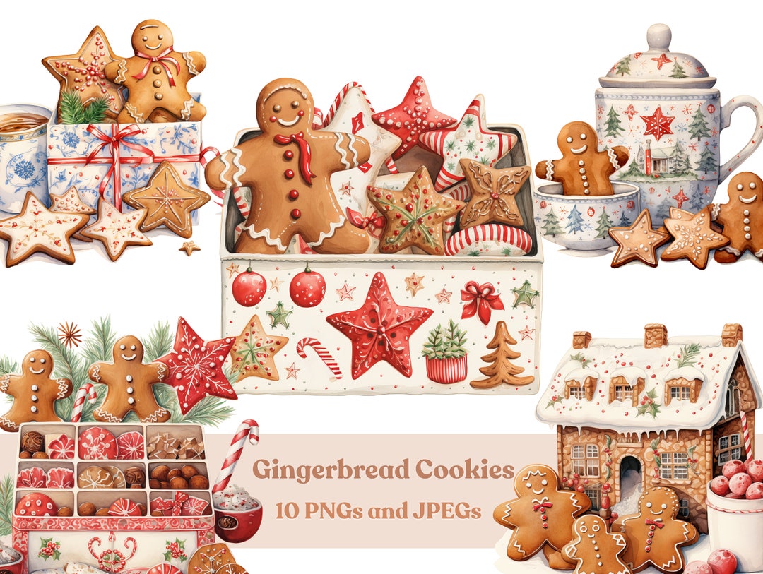 Watercolor Gingerbread Cookies Clipart, 10 Jpegs and PNG Files ...