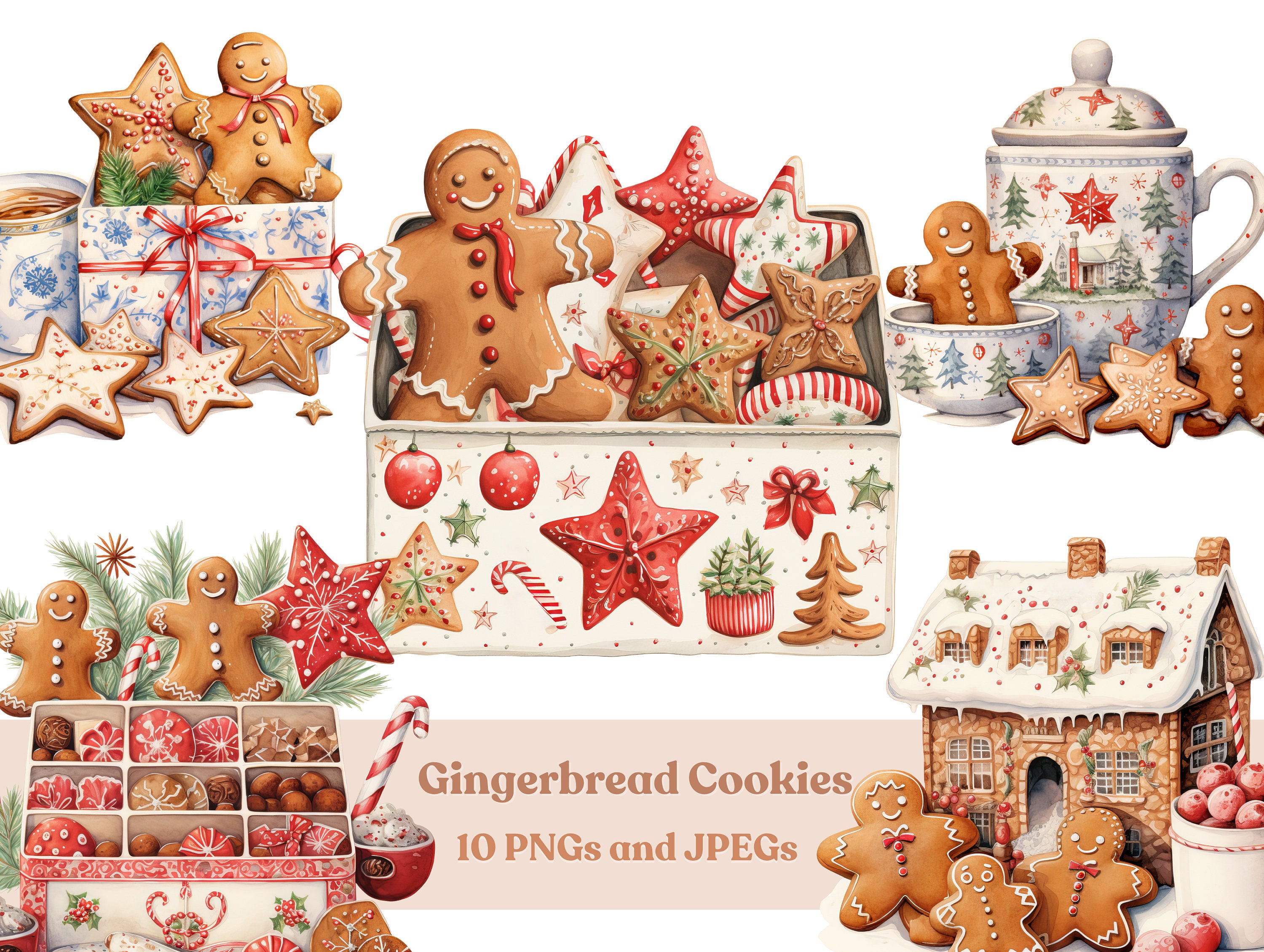 Watercolor Gingerbread Cookies Clipart, 10 Jpegs and PNG Files ...