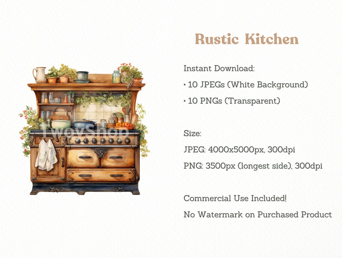 Watercolor Rustic Kitchen Clipart, 10 Elements High Quality Jpegs and ...