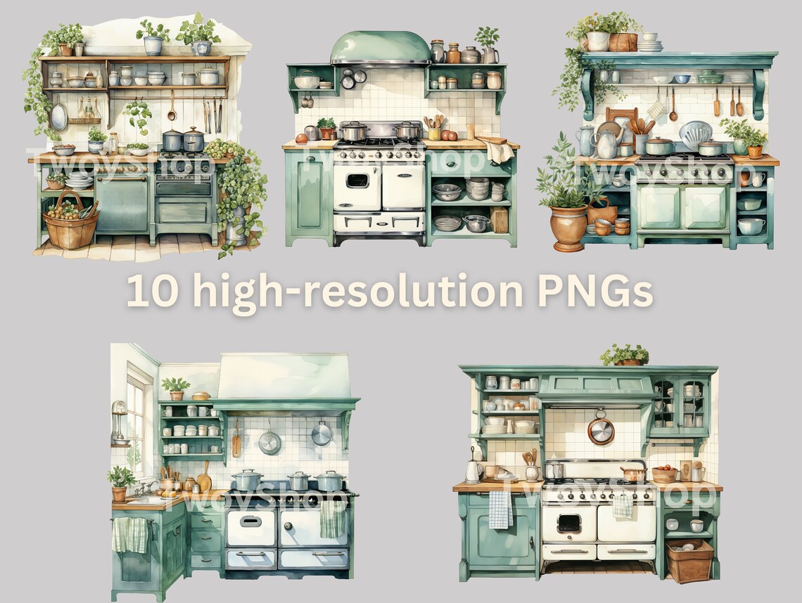Cozy Country Kitchen Clipart, Watercolor 10 High Quality PNG Files and ...