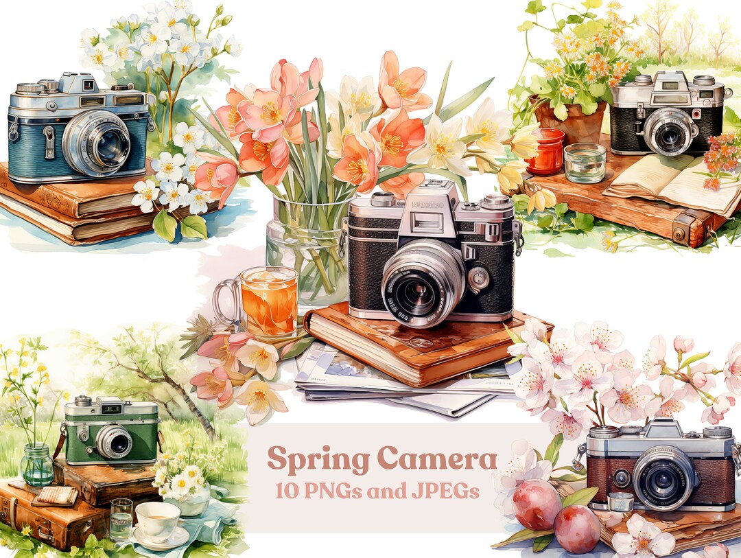 Watercolor Spring Camera Clipart, Hello Spring Floral Vintage Camera 10 ...