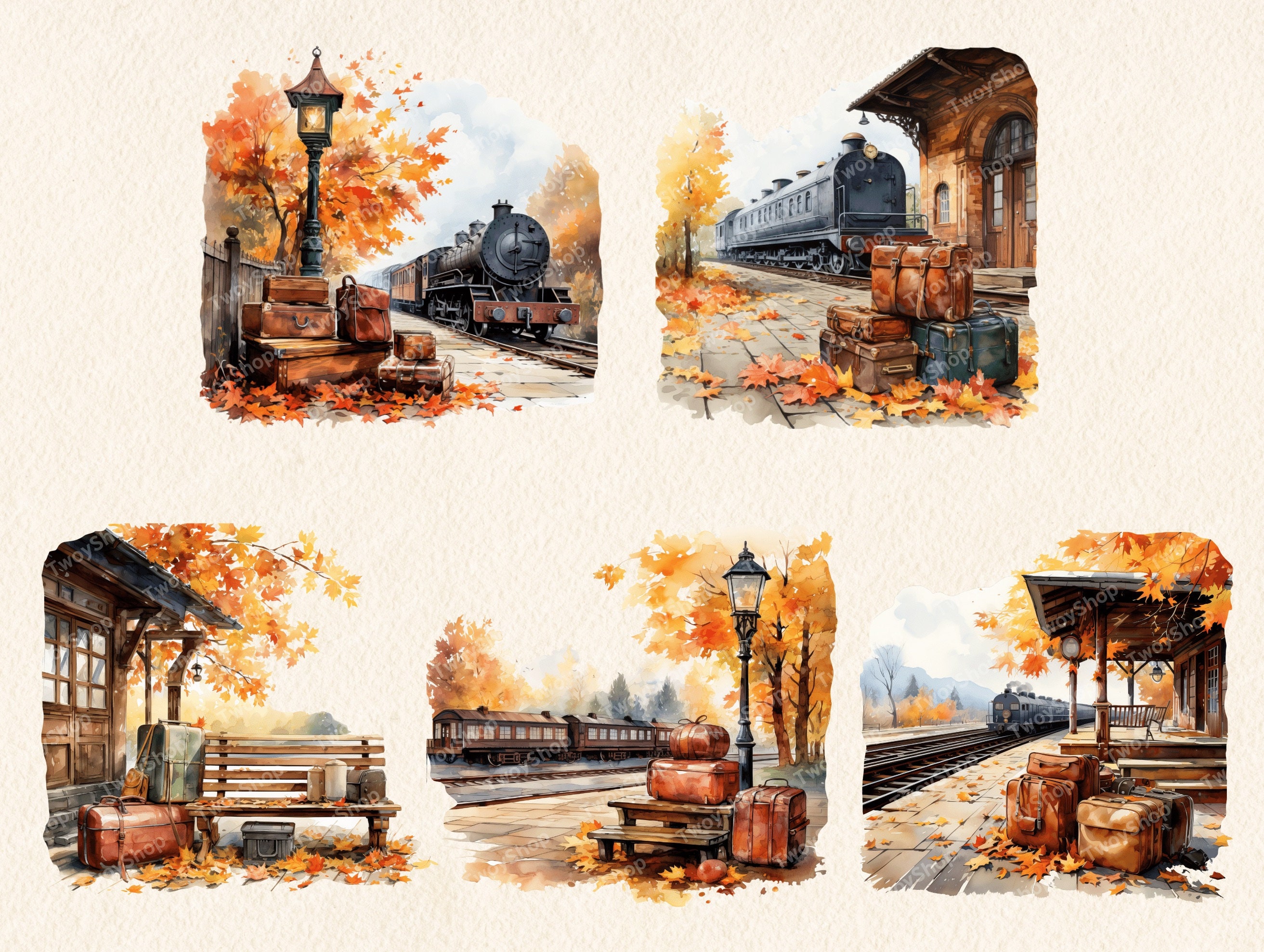 Watercolor Autumn Travel Clipart Fall Train Trip 10 High Quality PNG ...