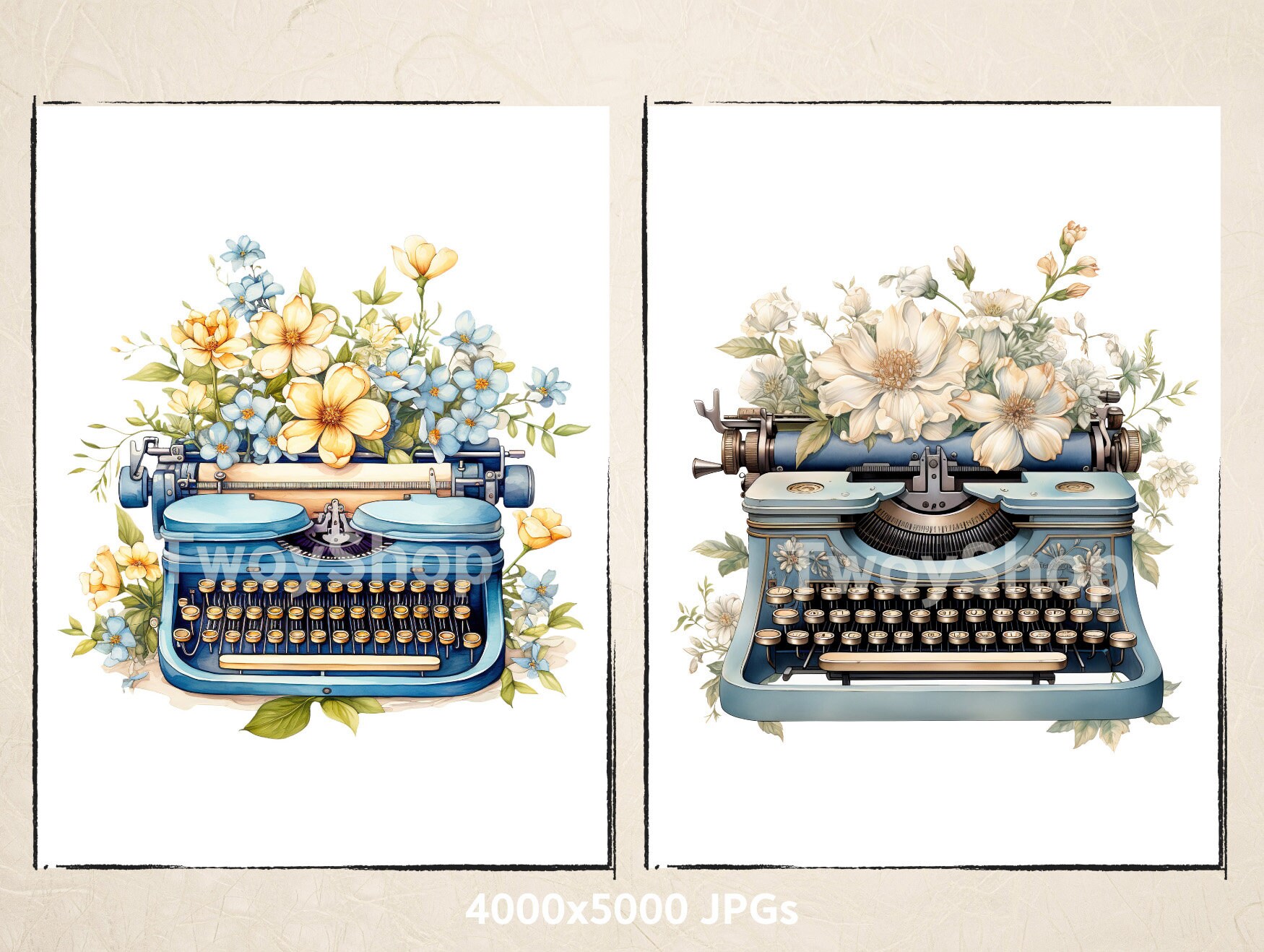 Watercolor Floral Typewriter Clipart, 10 High Quality Jpegs and Pngs ...
